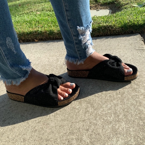 Shoes | Embellished Bow Cork Slides In Black | Poshmark